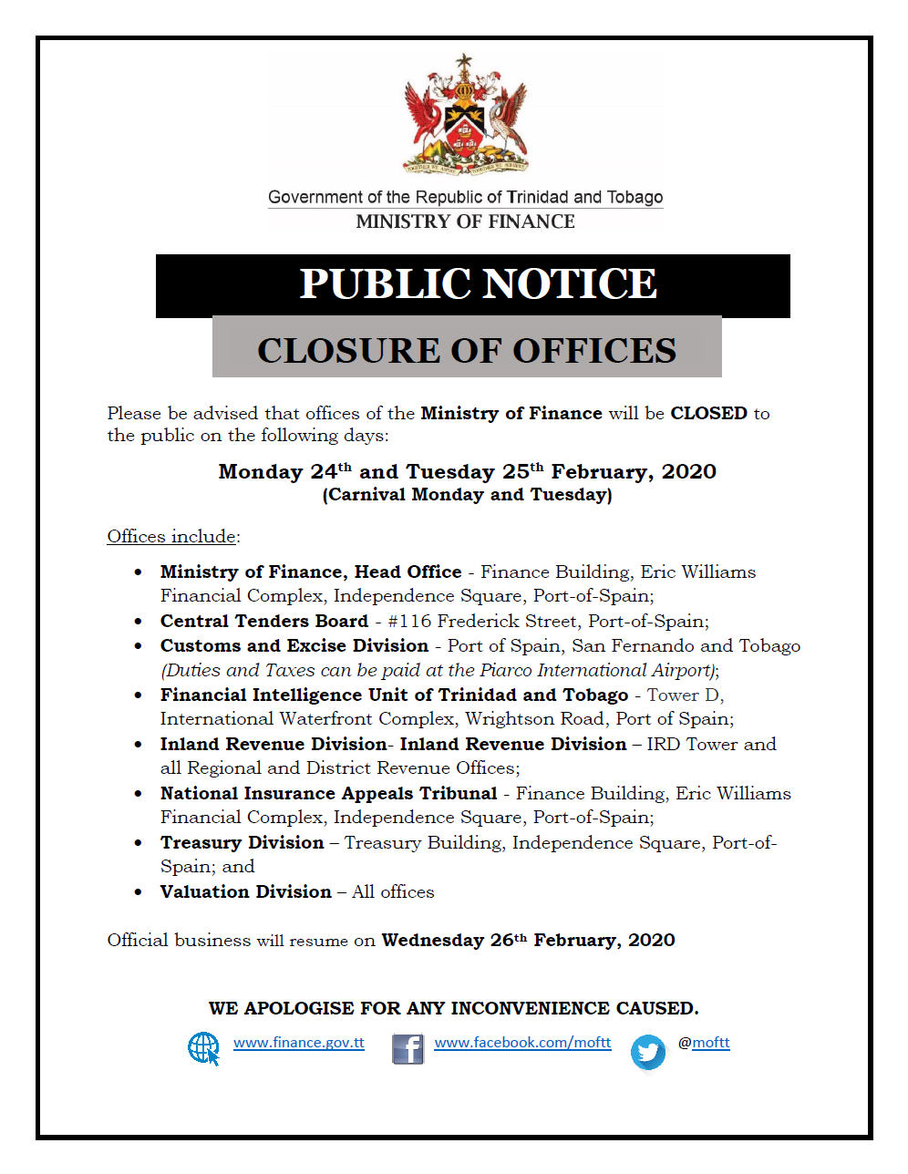 PUBLIC NOTICE – MINISTRY OF FINANCE CLOSURE OF OFFICES – Ministry of ...