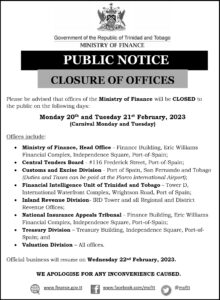 PUBLIC NOTICE – CLOSURE OF OFFICES – Ministry of Finance