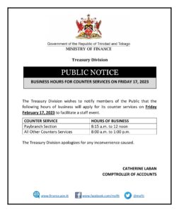 PUBLIC NOTICE – BUSINESS HOURS FOR COUNTER SERVICES ON FRIDAY 17 ...
