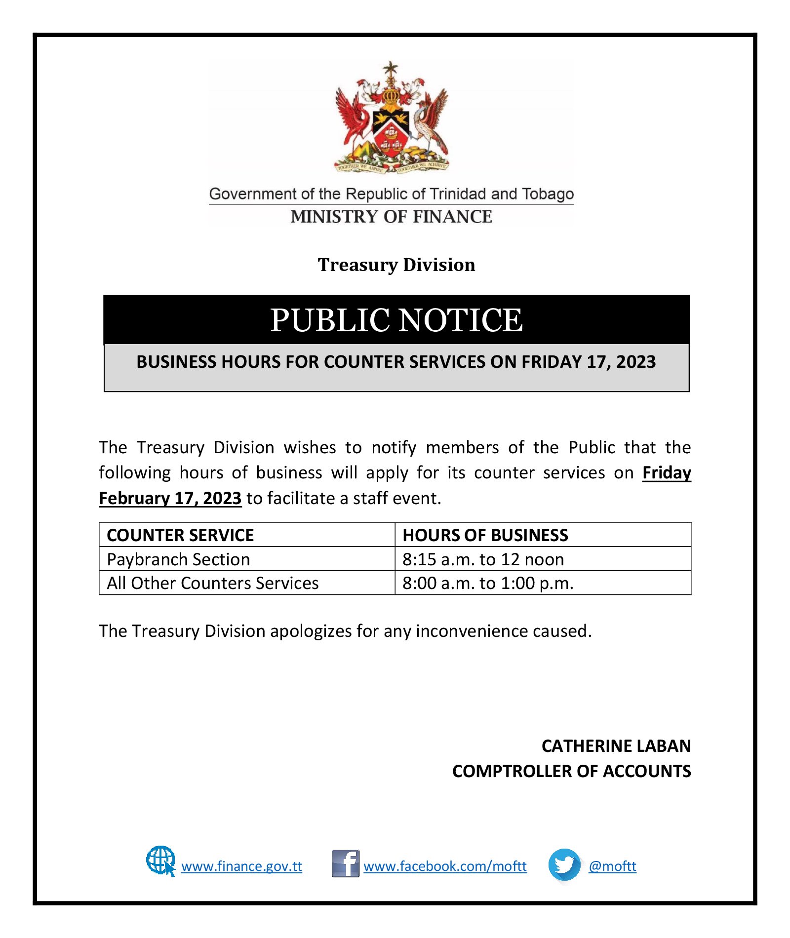 PUBLIC NOTICE – BUSINESS HOURS FOR COUNTER SERVICES ON FRIDAY 17 ...
