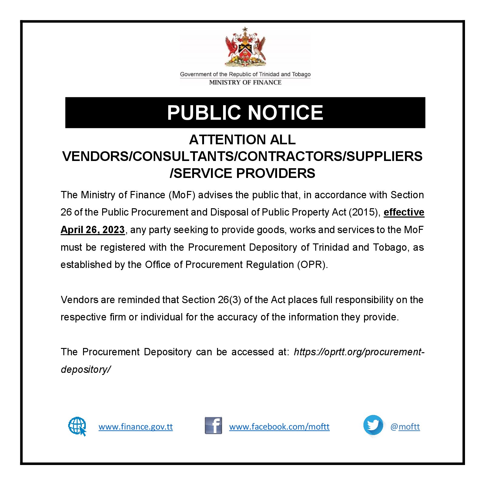 Public Notice – Procurement Depository – Ministry of Finance
