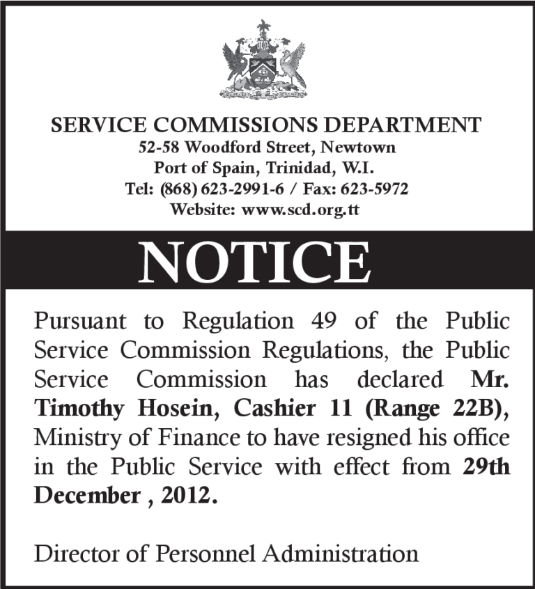 Public Notice: Service Commission Department Mr. Timothy Hosein ...